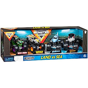 Monster Jam, Land vs. Sea 4 Pack Monster Trucks (Grave Digger, Max-D, Megalodon, and Pirate’s), 1:64 Scale, Kids Toys for Boys and Girls Ages 3 and up