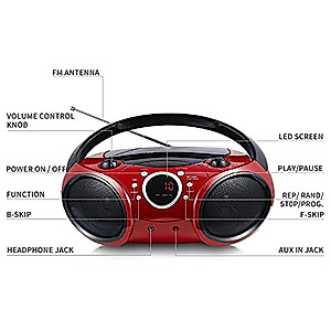 SINGING WOOD 030B Portable CD Player Boombox with Bluetooth for Home AM FM Stereo Radio, Aux Line in, Headphone Jack, Supported AC or Battery Powered (Firemist Red)
