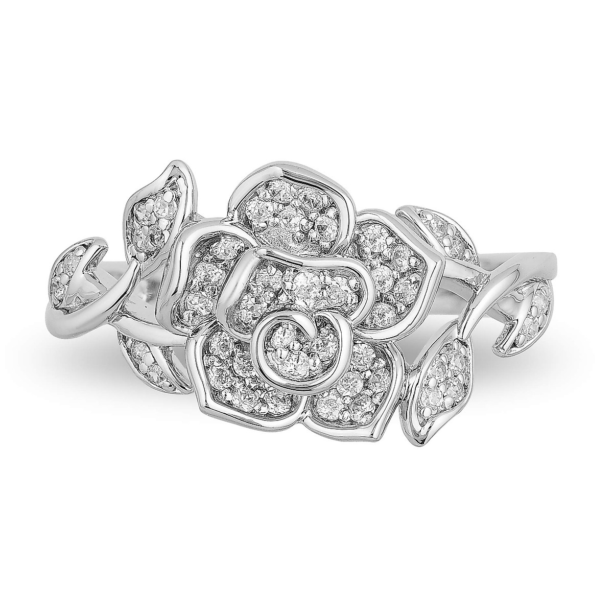 Jewelili Enchanted Disney Fine Jewelry Sterling Silver 1/4 Cttw White Natural Diamonds Belle Rose Ring Size 9