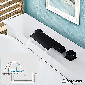 gotonovo Matte Black Bathroom Waterfall Tub Faucet Deck Mount Roman Tub Filler 3 Hole Bathtub Faucet with Square Knob Handle Bathtub Spout Brass Valve Stainless Steel Water Supply Lines High Flow