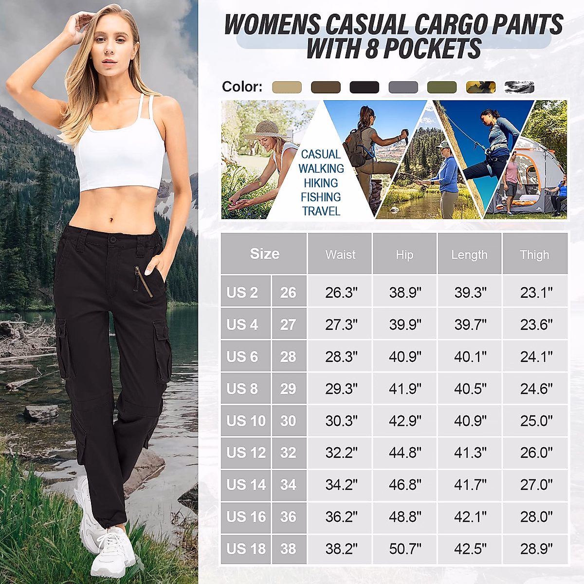 Alfiudad Womens Cargo Pants with Pockets, Women's Casual Military Army Hiking Combat Tactical Work Pants Trousers,Black,27(US 4)