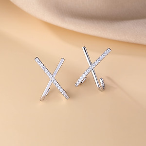 Reffeer 925 Sterling Silver Letter X Cuff Earrings Piercings for Women Teens CZ X Wrap Earrings Huggie Studs (A-Silver)