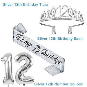 12th Birthday Decorations for Girls Silver, Including 12th Birthday Sash, Crown/Tiara, Candles and Cake Toppers, Silver Number 12 Balloons, 12 Year Old Birthday Party Decorations for A Girl