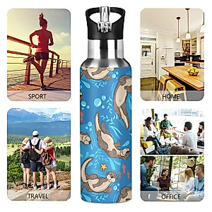 Glaphy Cute Sea Otters Pattern Water Bottle with Straw Lid, BPA-Free, 20 oz Water Bottles Insulated Stainless Steel, for School, Office, Gym, Sports, Travel