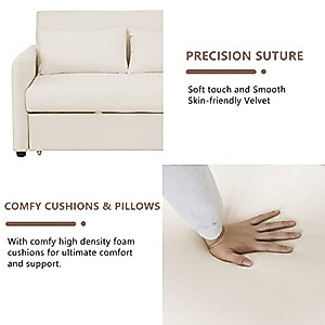 Aoowow Convertible Sleeper Sofa Bed 57 Inches, Velvet 2 Seats Sofa with Pull Out Bed,Loveseat Sofa Couch with Adjustable Backrest, 2 Pillows Side Pocket for Living Room Small Apartment (Beige)