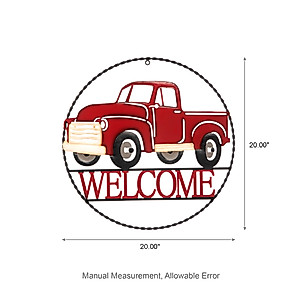 Glitzhome 23.75" L Welcome Metal Rustic Red Truck Wall Decor, Welcome Hanging Sign Decoration for Home Outdoor Indoor