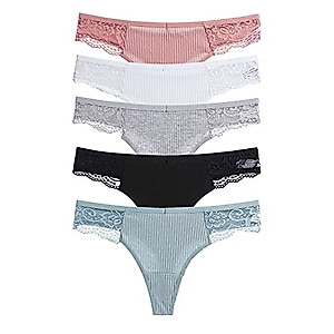 Justgoo Womens Sexy Thongs Lace Panties Underwear Cotton Low Rise Underpants Pack of 5