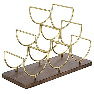MyGift Brass-Tone Metal Wire Wine Rack with Natural Mango Wood Base, 6 Bottle Tabletop Wine Holder Stand - Handcrafted in India