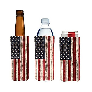 PKM - (2) Distressed USA AMERICAN FLAG Slim Can Cooler Sleeve - Beer Blank Skinny 12 oz Neoprene Coolie - Perfect For 12oz Red Bull, Michelob Ultra,Truly