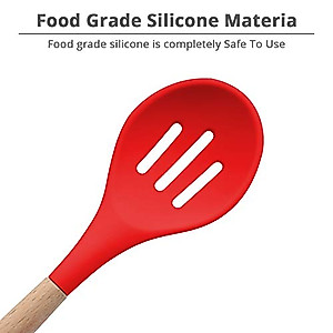 KUFUNG Silicone Slotted Serving Spoon, Wooden Handle Nonstick Mixing Spoon, Heat resistant up to 480°F. Silicone Kitchen Cooking Utensils Non-Stick Tool for Draining & Serving (Red)