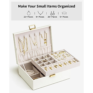 Vlando 2 Layer Jewelry Box Large Jewelry Organizer for Women Removable Jewelery Tray for Necklace Earrings Rings Bracelets Jewelry Boxes for Christmas Gifts Wedding Gifts (Cream White)
