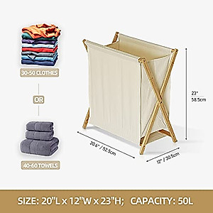 Bellglee Collapsible Bamboo Wood Laundry Hamper, Wooden X Frame Foldable Laundry Basket, Clothes Sorter Organizer with Linen Canvas Laundry Bag for Bedroom or Bathroom