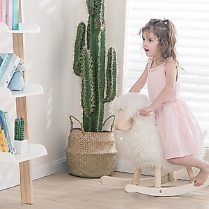 Rocking Horse for 1+ Year, Baby Rocking Horse for 1 Year Old,Wooden Cow/Yak Horse Rocking with Wicker Plush Fur for 2 Years Old(Bull Buffalo) (White Lamb)