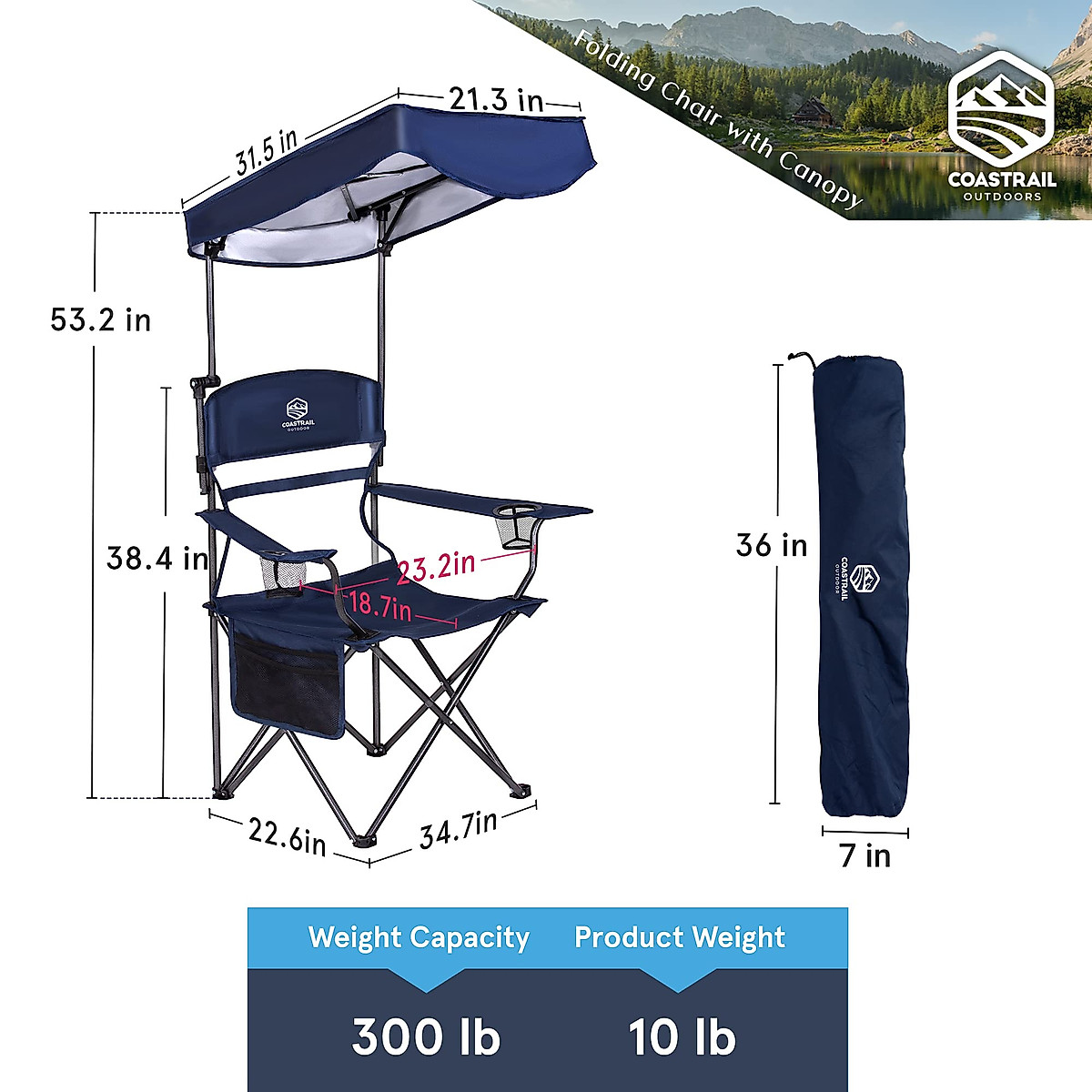 Coastrail Outdoor Canopy Camping Chair Multi-Position Adjustable Folding Shade Chair SPF 50+ Sun Protection with Cup Holder & Storage Pockets, Patio, Blue,Extra Large