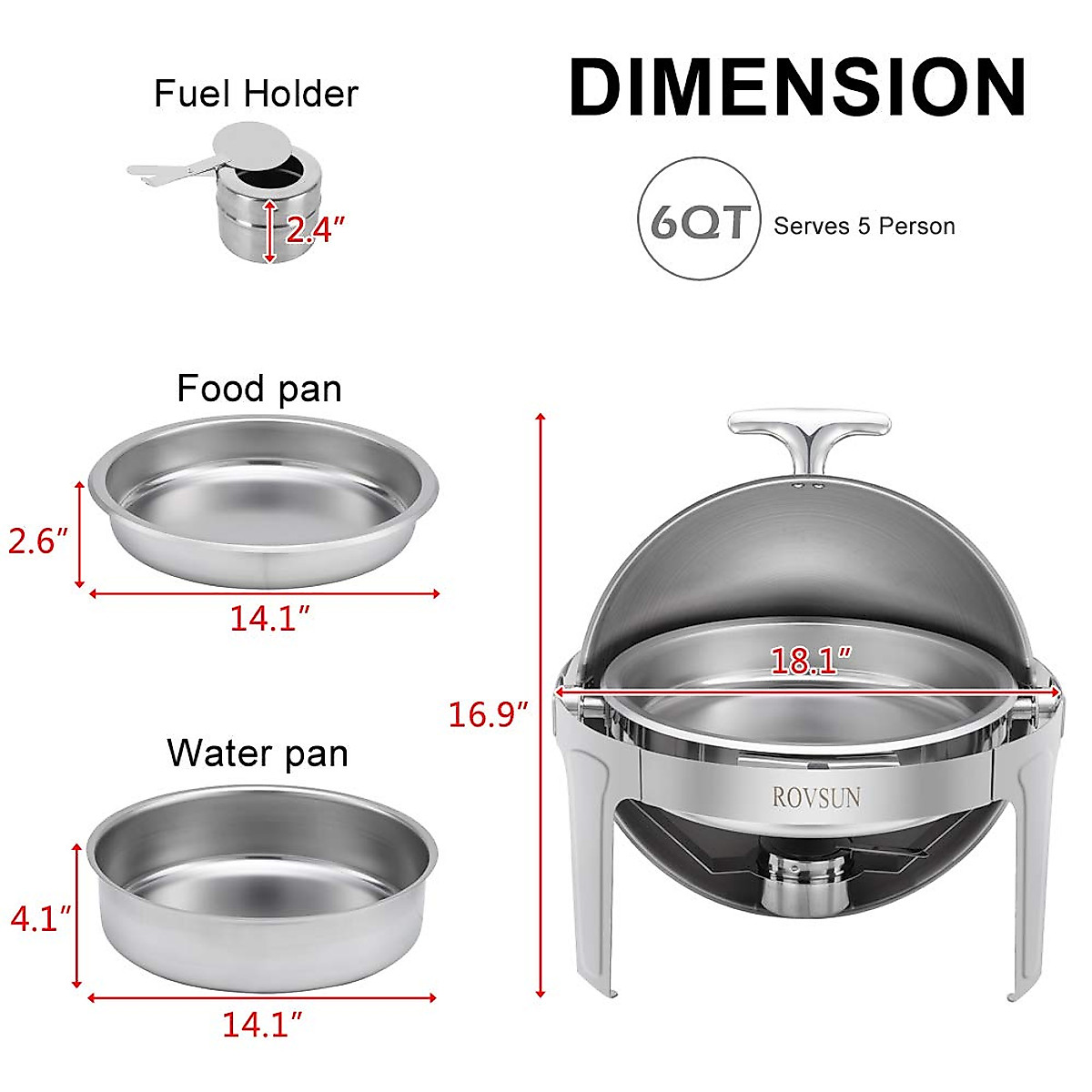 ROVSUN Chafing Dish Buffet Set,6 Quart Roll Top Stainless Steel Chafer, NSF Round Set with Food Pan, Water Pan and Fuel Holders, for Wedding, Parties, Banquet, Catering Events