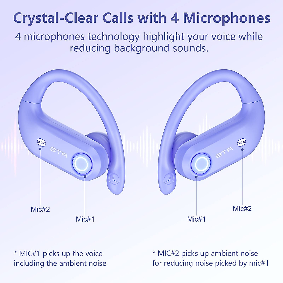 occiam Wireless Earbuds Bluetooth Headphones 130H Playback 4 Mics Clear Call Waterproof 2200mAh Charging Case in-Ear Ear Buds Earphones with Earhooks for Sports Running Workout-STADOR (Purple)