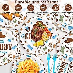 gisgfim 96Pcs Cowboy Baby Shower Plates and Napkins Party Supplies Western Cowboy Party Birthday Tableware Set A Little Cowboy is on the Way Party Decorations for Boy Baby Shower Serves 24