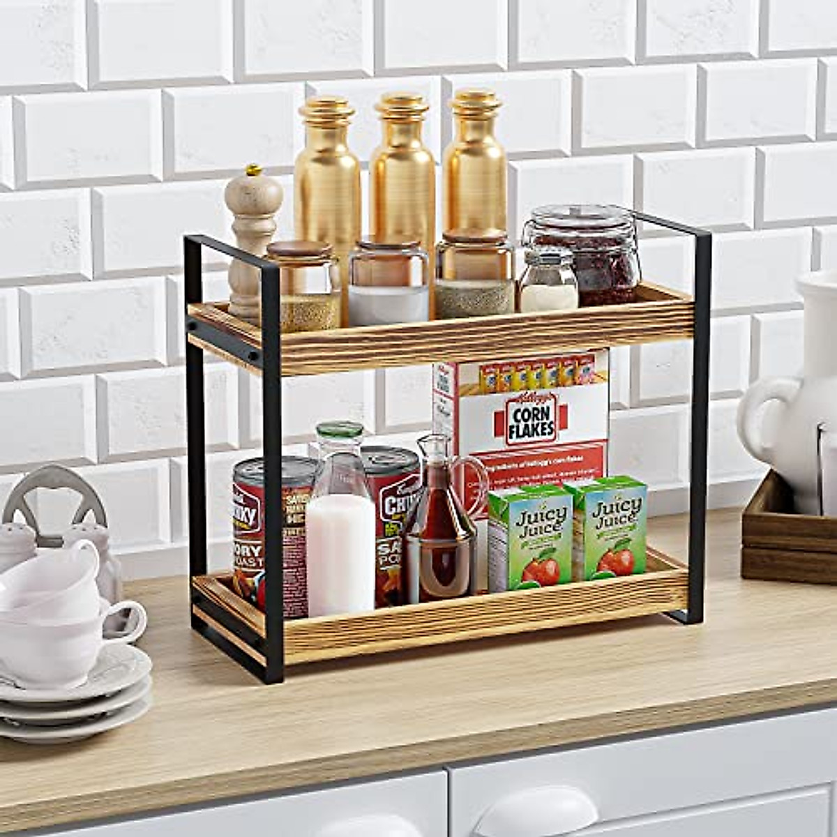 AieeJL 2-Tier Countertop Organizer for Bathroom Counter,Finished Wood Vanity Tray Holder,Cosmetic Storage Shelf, Perfect as Kitchen Snack Spice Rack and Coffee Station Organization