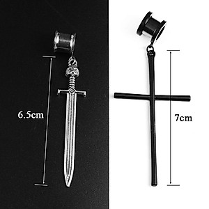 LADEMAYH 2Pcs 00 Gauges for Women, Cool Gold 00g Plugs Gauges for Ears, Cross & Sword 00g Tunnels Earrings Surgical Steel Gauges Size 00 Gauge Earrings