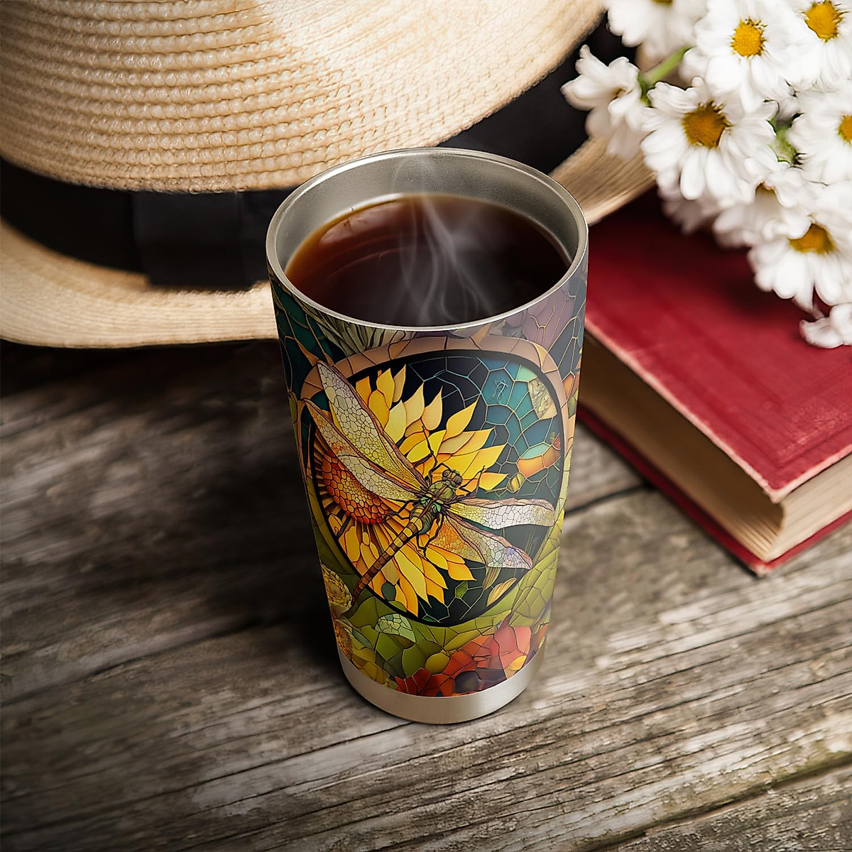 ORCAE 20oz Yellow Stained Glass Sunflower Dragonfly Tumbler, Gifts for Dragonfly Lovers, Coffee Thermos for Women, Stainless Steel Double Wall Vacuum Insulated Coffee Mug, Travel Cup with Lid - F