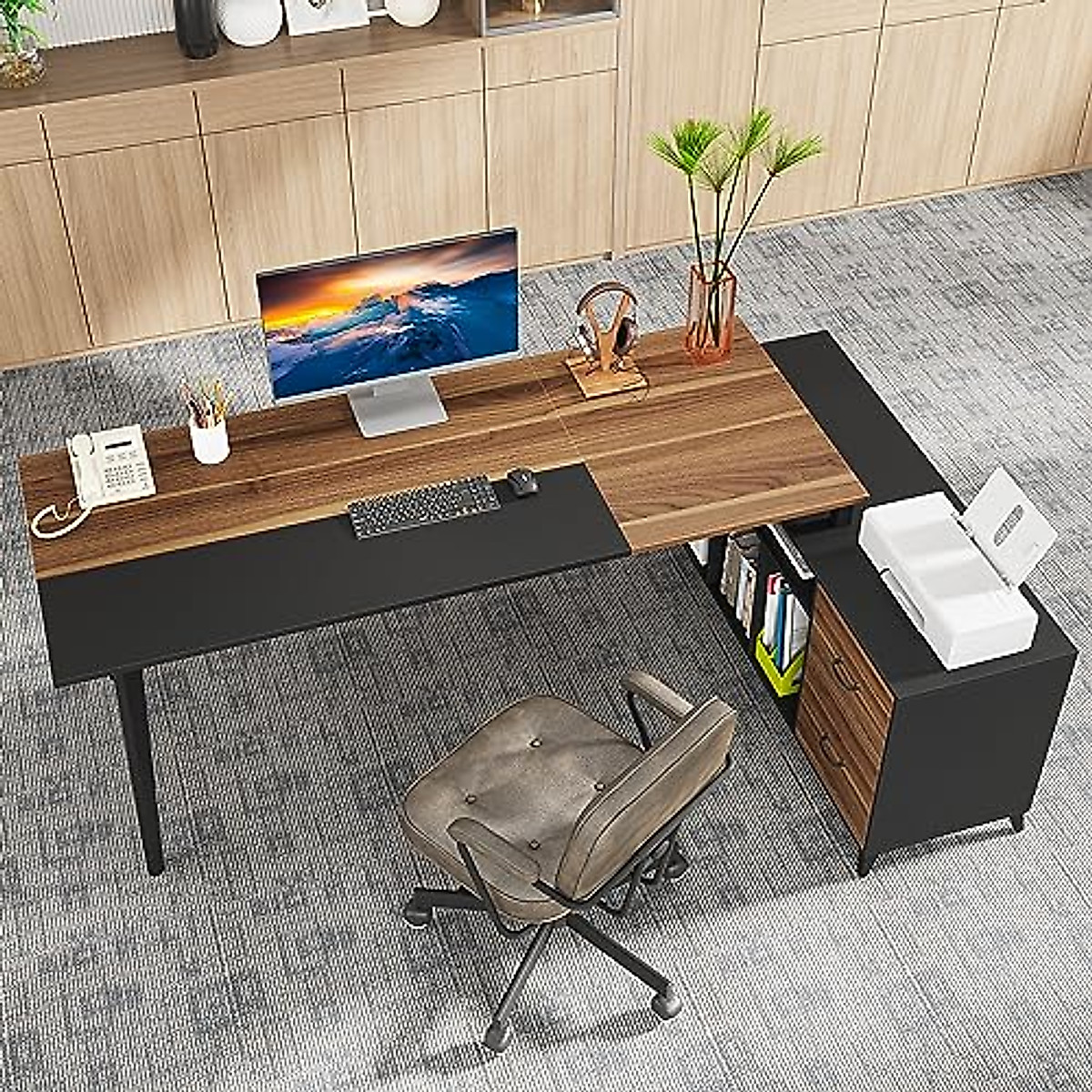 Tribesigns 70.8" Executive Desk with 43" Drawers File Cabinet, Large L-Shaped Computer Office Desk with Printer Stand, Business Furniture Workstation for Home Office