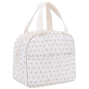 BBIQI Cute Lunch Box for Women Small Floral Lunch Box Quilted Lunch Tote Bag With Front Pocket Insulated Lunch Bag for Work Study