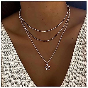 Yheakne Boho Layered Star Choker Necklace Silver Star Pendant Necklace Layering Satellite Chain Necklace Outline Star Necklace Chain Jewelry for Women