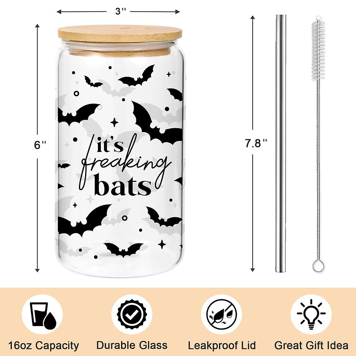 Lovearth Halloween Bats Cup, Gothic Bat Iced Coffee Cup, 16oz Halloween Glass Cup with Lid and Straw, Spooky Gifts, Cute Halloween Gifts for Women, Men, Bat Lovers, Gifts for Halloween Lovers