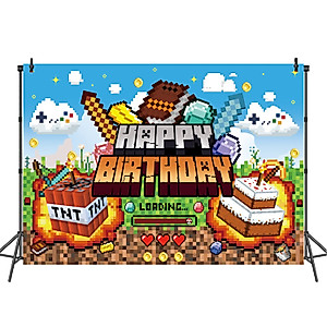 Pixel Video Game Theme Backdrop Children Boy Happy Birthday Party Decoration Banner Miner Mining Earth Block Banner Pixel Cartoon Photography Props (7x5FT(210X150cm))
