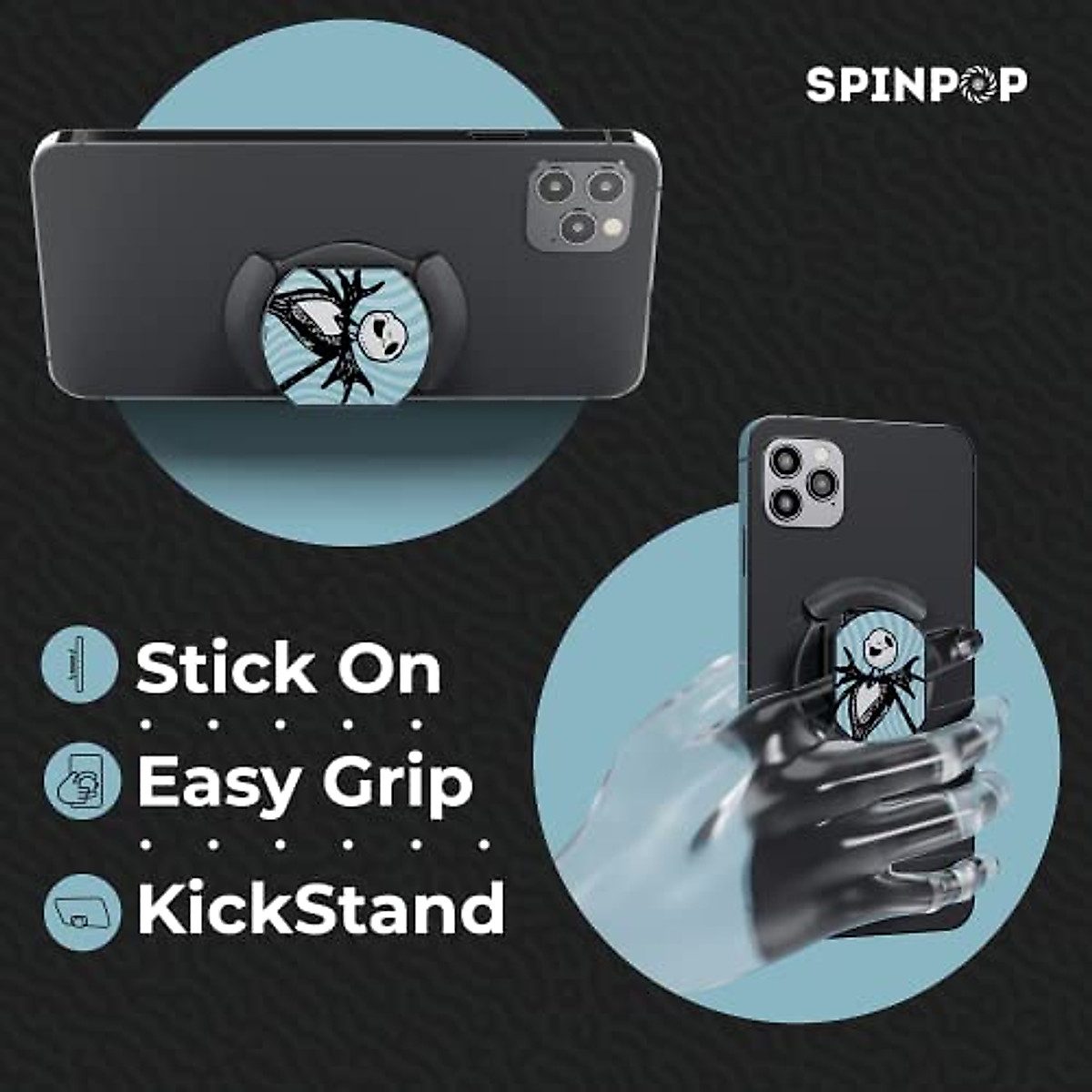 Tim Burtons The Nightmare Before Christmas Jack and Sally Slim Grip for Phone- Ultra Slim Phone Grip Finger Holder with Pop Up Mode Doubles as Phone Stand- Jack Skellington Phone Holder for Hand