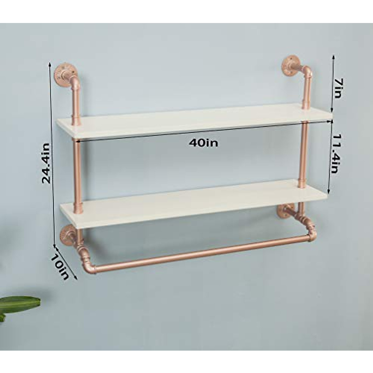 FOF FRIEND OF FAMILY Industrial Pipe Garment Rack with Double Tier shelves, Wall Mounted Clothes Rod for Clothing Storage, Rose Gold&White Color, 40" Wide