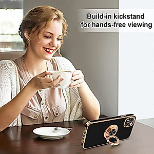 Hython Case for iPhone 14 Plus Case with Ring Stand [360° Rotatable Ring Holder Magnetic Kickstand] [Support Car Mount] Plated Gold Edge Soft TPU Luxury Shockproof Protective Phone Case Cover, Black