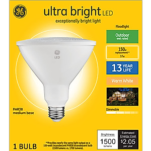 GE Ultra Bright LED Light Bulb, 150 Watt, Warm White, PAR38 Outdoor Floodlight