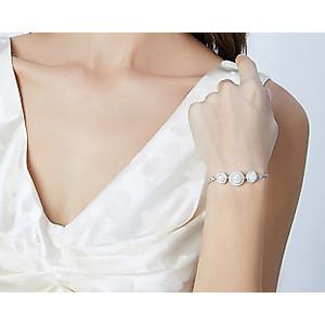 Red Lychee Freshwater Cultured Pearl Bracelet for Women Wedding Platinum Plated Sterling Silver Pearl Bracelets Genuine White Pearls Simulated Diamond Bracelet Link 7”+2"