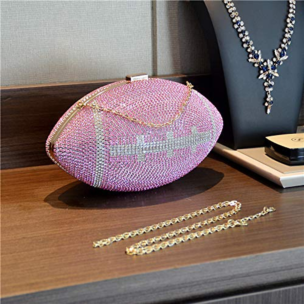 UMREN Women Rugby Shaped Cross Body Purse Rhinestone Ellipse Ball Crystal Evening Bag Clutch Handbag for Wedding Party (One Size, Pink-R)