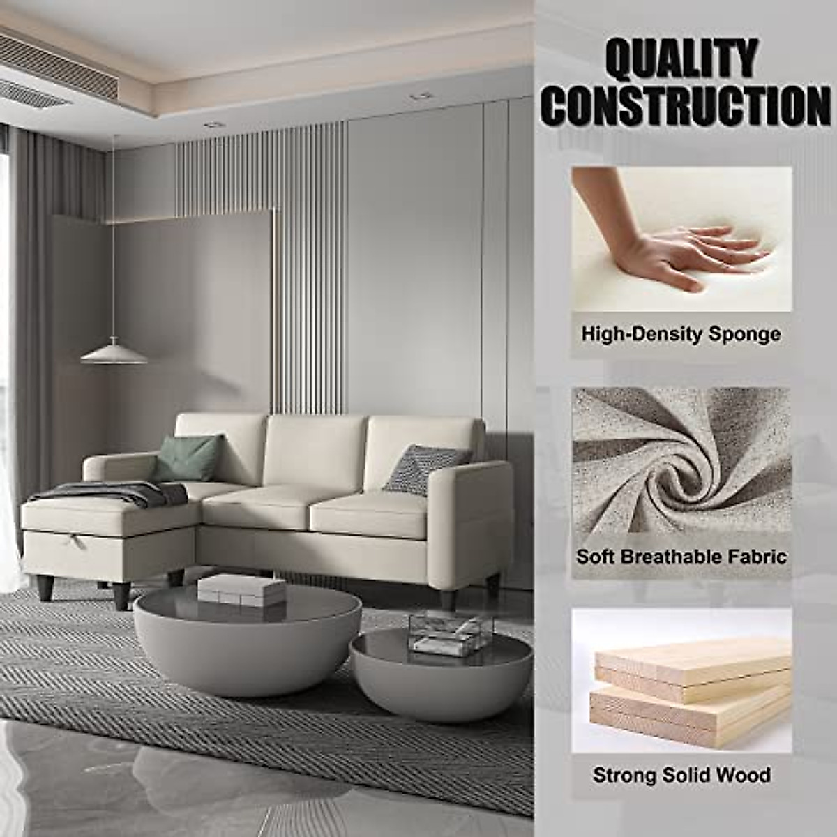 Beige Convertible L-Shaped Sectional, Modern Linen Fabric 3-Seat Sofa Couch Furniture Set with Storage Ottoman for Living Room Small Space