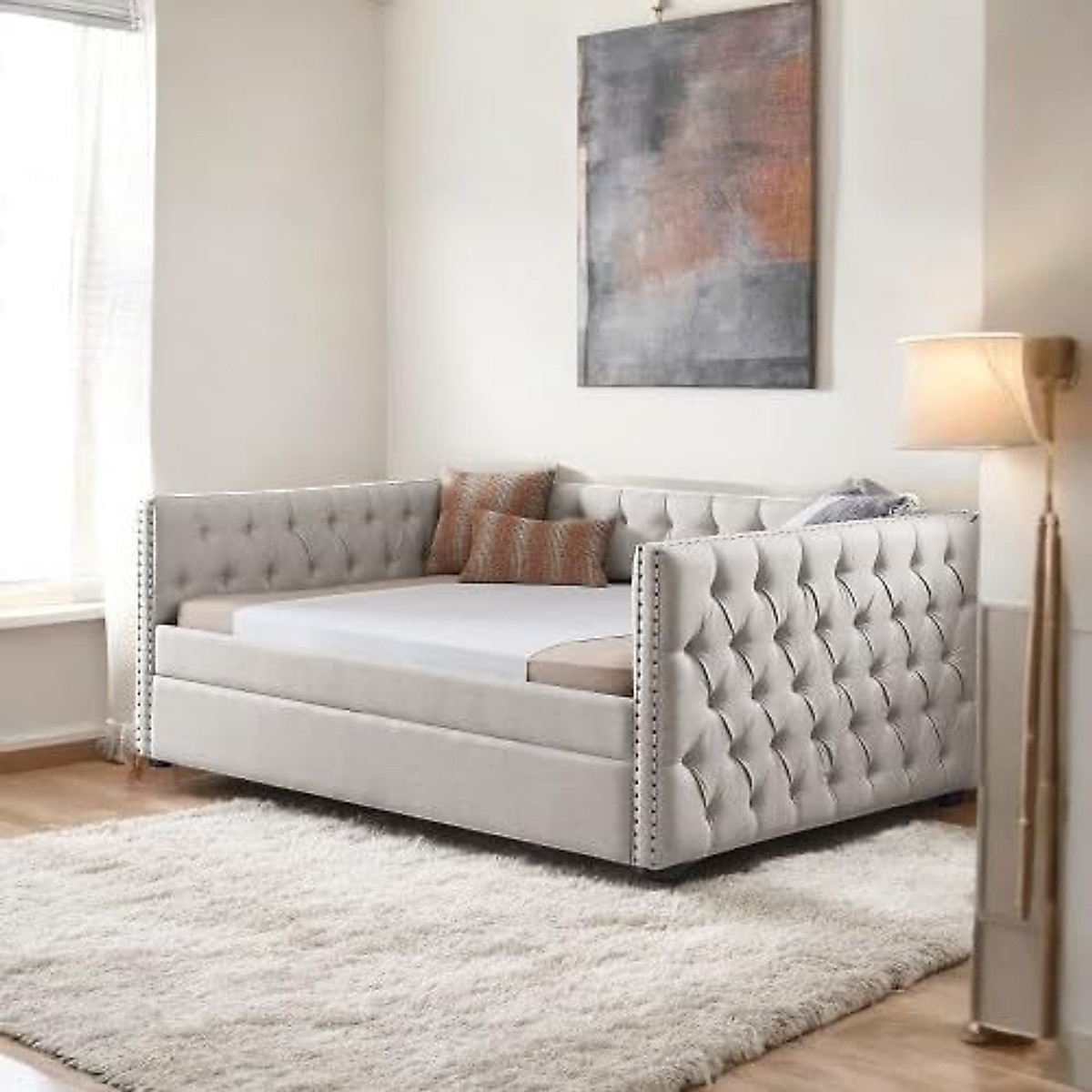 UOCFYK Full Size Upholstered Daybed with Trundle, Sofa Bed Frame w/Put Out Sofa Bed Design for Bedroom Living Room Guest Room, Easy to Assemble, No Box Spring Needed, Beige