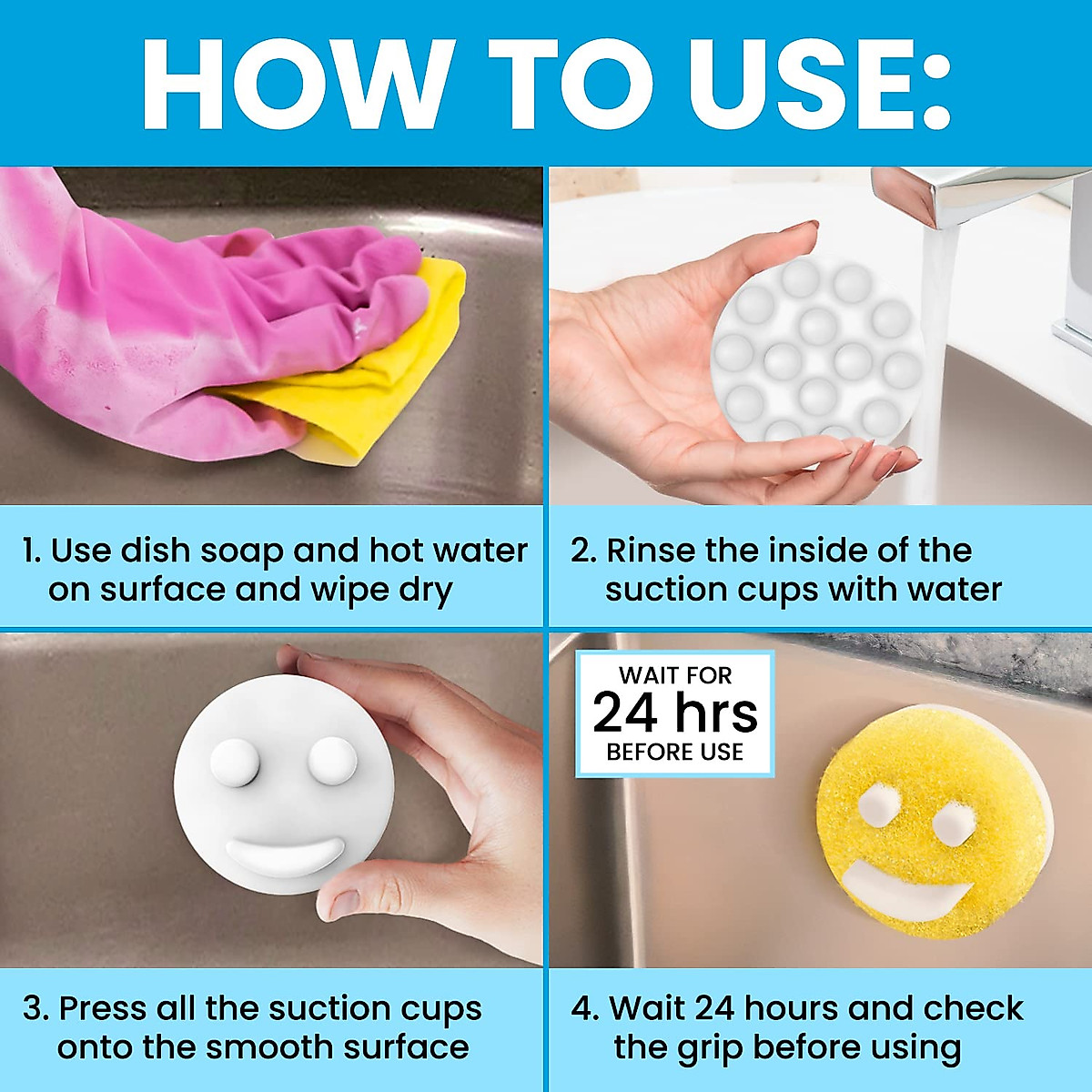 Berkland Sponge Holder for Smiley Sponges Sink Caddy for Scrub Sponges - Sink Sponge Holder with 14 Suction Cups for Superior Stick Kitchen Sink Scrub Caddy for Happy Daddy Face Sponge