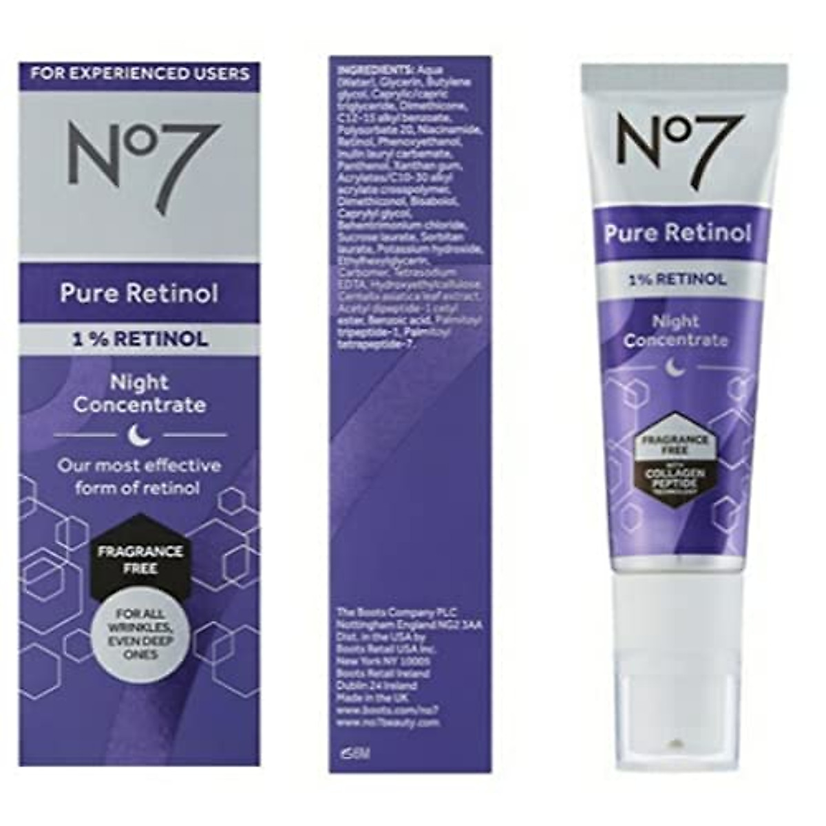 No 7 Pure Retinol Skincare Bundle - Contains Pure Retinol Night Concentrate (1 fl oz), Pure Retinol Eye Cream (1.5 oz), and Post Retinol Soother (1.69 fl oz) - No 7 Pure Retinol Beauty Set Multicolor