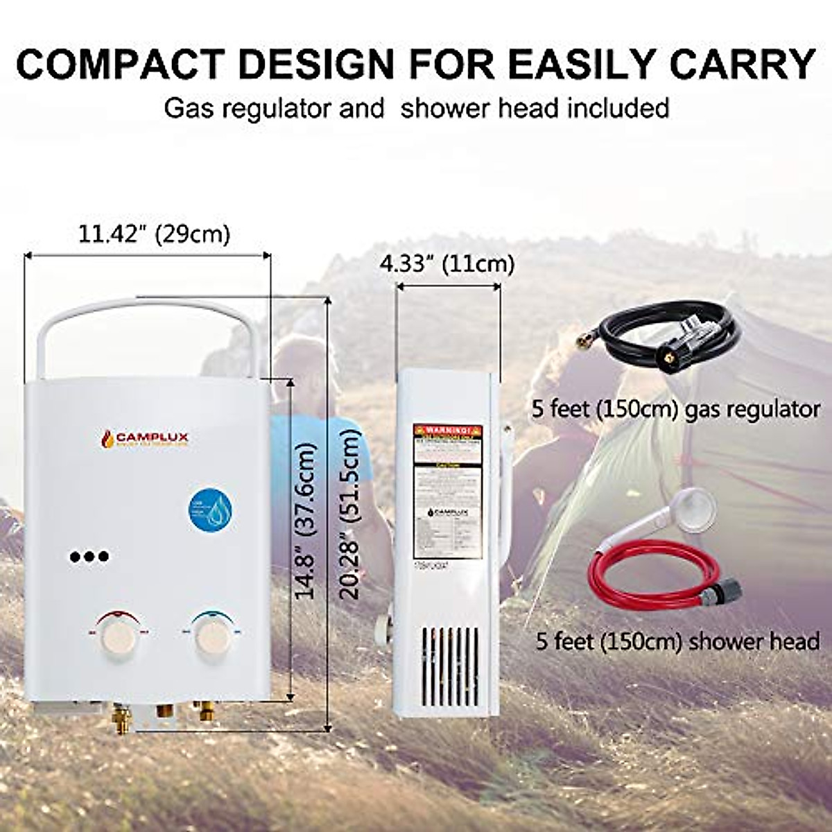 Camplux Tankless Water Heater, 1.32 GPM Portable Propane Outdoor Camping Water Heater, 5L, AY132, White
