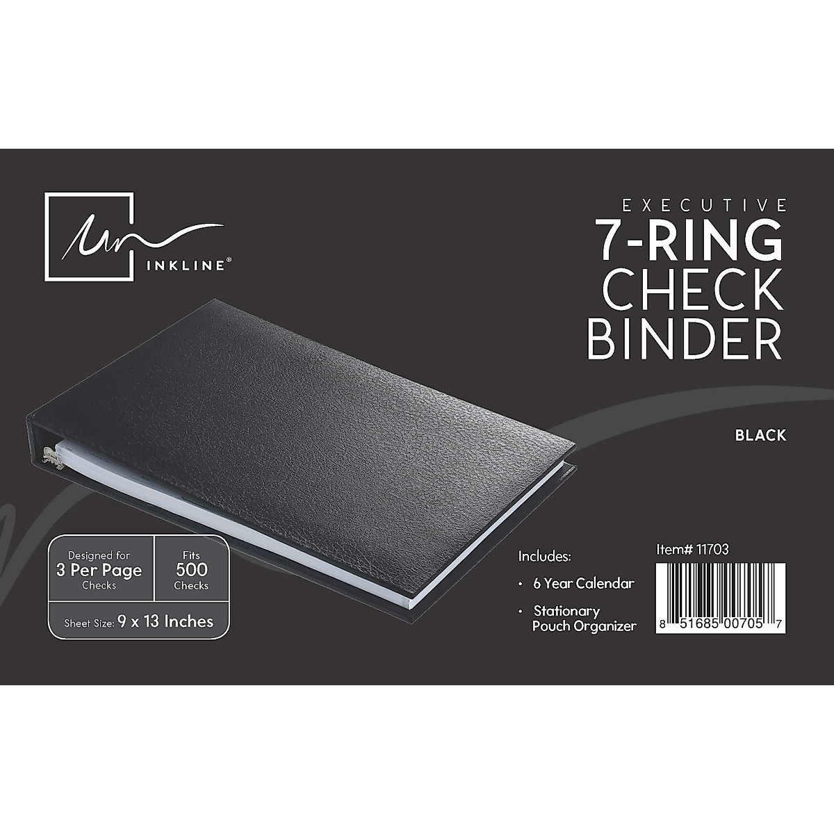 Executive 7 Ring Check Binder, 500 Check Capacity, for 9x13 Inch Sheets, with 6 Year Calendar Organizer, Sleek Business Design, Premium Quality - Black (11703)