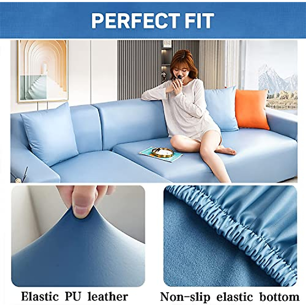 TVPFM 2 Pieces Waterproof Sectional Couch Covers, Stretch Sofa Slipcover with Elastic Bottom L-Shaped Sofa Covers Furniture Protector for Pets Cat Dog -Blue B-4-seater + 4-Seater