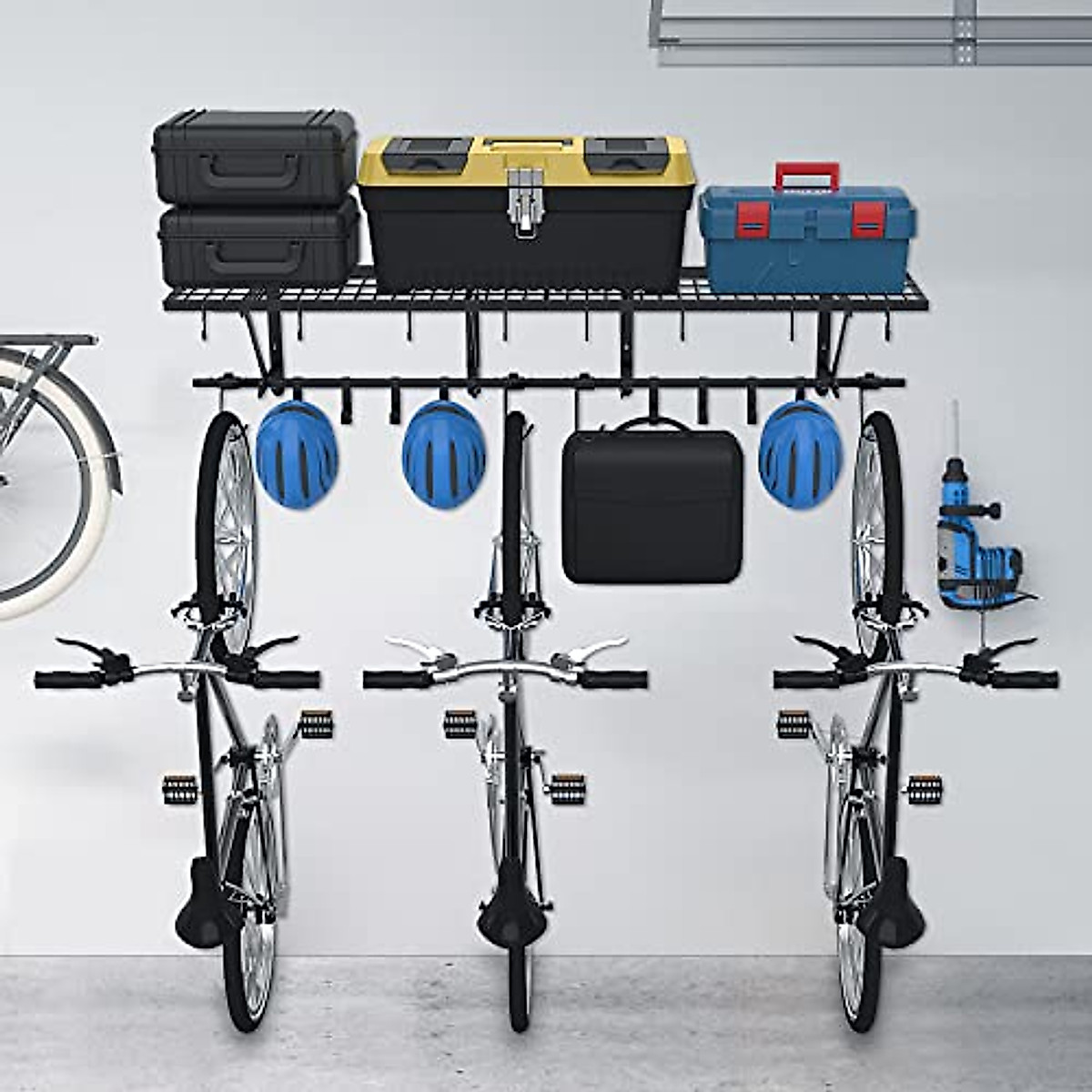 tonchean Garage Shelving Wall Mounted 2 Pack with Bike Hooks Garage Wall Shelves 14”x32“ Garage Floating Shelves Garage Storage Shelves Heavy Duty Wall Mount, 500lb Weight Capacity