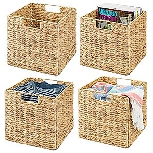 mDesign Natural Woven Hyacinth Cube Bin Basket Organizer with Handles, Storage for Bedroom, Home Office, Bathroom, Shelf and Cubby Organization, Hold Blankets, Magazines, Books, 4 Pack, Natural/Tan