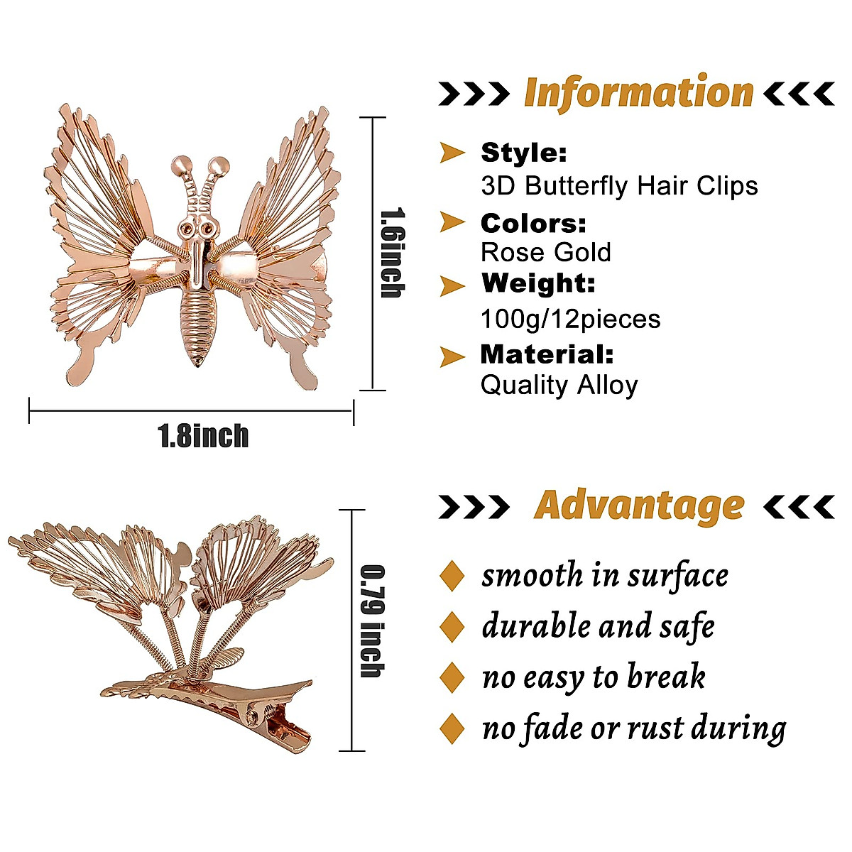 Kachanaa 3D Moving Butterfly Metal Hair Styling Accessories - 12 Pcs Hollow Hair Pins, Cute Barrettes, Clamps, and Claw Clips for Women and Girls (Gold)