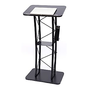 Metal Podium Pulpit with Storage Shelf and A Cup Holder,Curved Podium Metal Black Lectern Podium Stand Portable for Schools, Conference Podium,Stages,Churches,Classrooms 23.8x15.9x47inch
