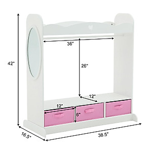 RELIANCER Kids Armoire Dress-Up Closet w/Mirror,Open Hanging Wardrobe w/Clothes Rack,Toddlers Pretend Play Costume Storage Dresser,Children Costume Organizer Center for Nursery Girl Bedroom Playroom
