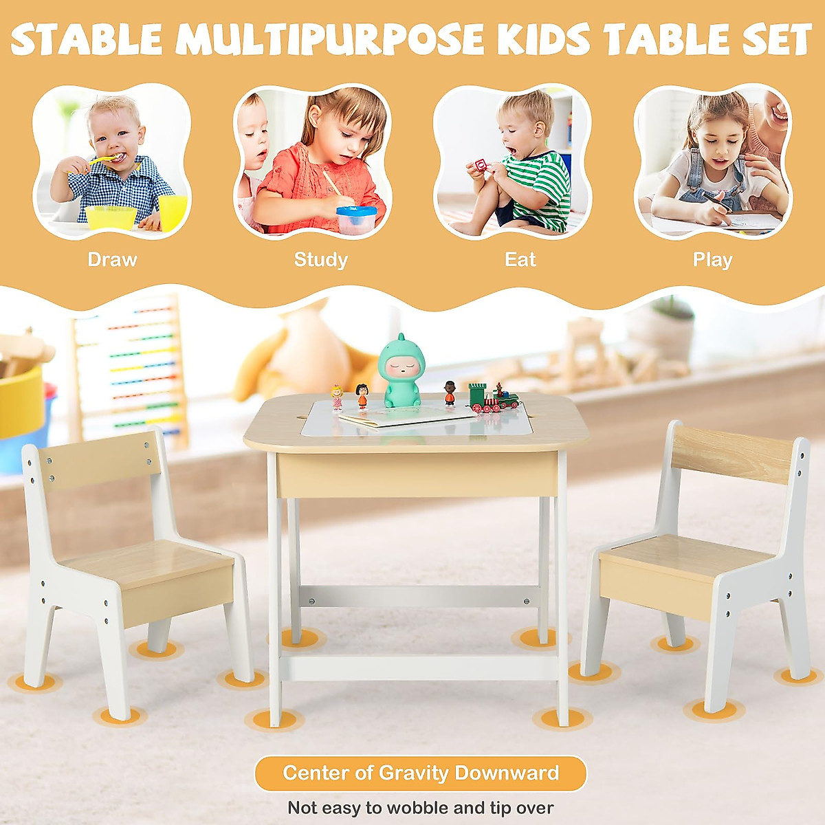 HONEY JOY Kids Table and Chair Set, 3-in-1 Children Wooden Activity Table and 2 Chairs for Art Craft, Reversible Blackboard, 3 PCS Toddler Furniture with Storage, Gift for Boys Girls (Natural)