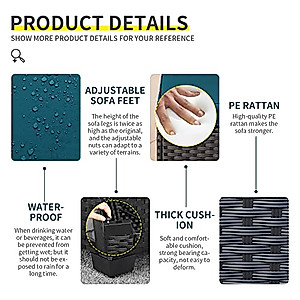 Lviden 4 Pieces Outdoor Patio Furniture Set, Wicker Conversation Sets, Black PE Rattan Sectional Couch Sofa with 50000 BTU Gas Fire Pit Table and Peacock Blue Cushions