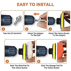 8 Pcs Drill Polishing Pad Kit, 4 Pcs 3 Inch Wool Buffing Polishing Pads & 3 Pcs Buffing Sponge, Hook & Loop Backing Pad with M10 Drill Adapter for Car Buffer Polisher Compounding, Polishing and Waxing